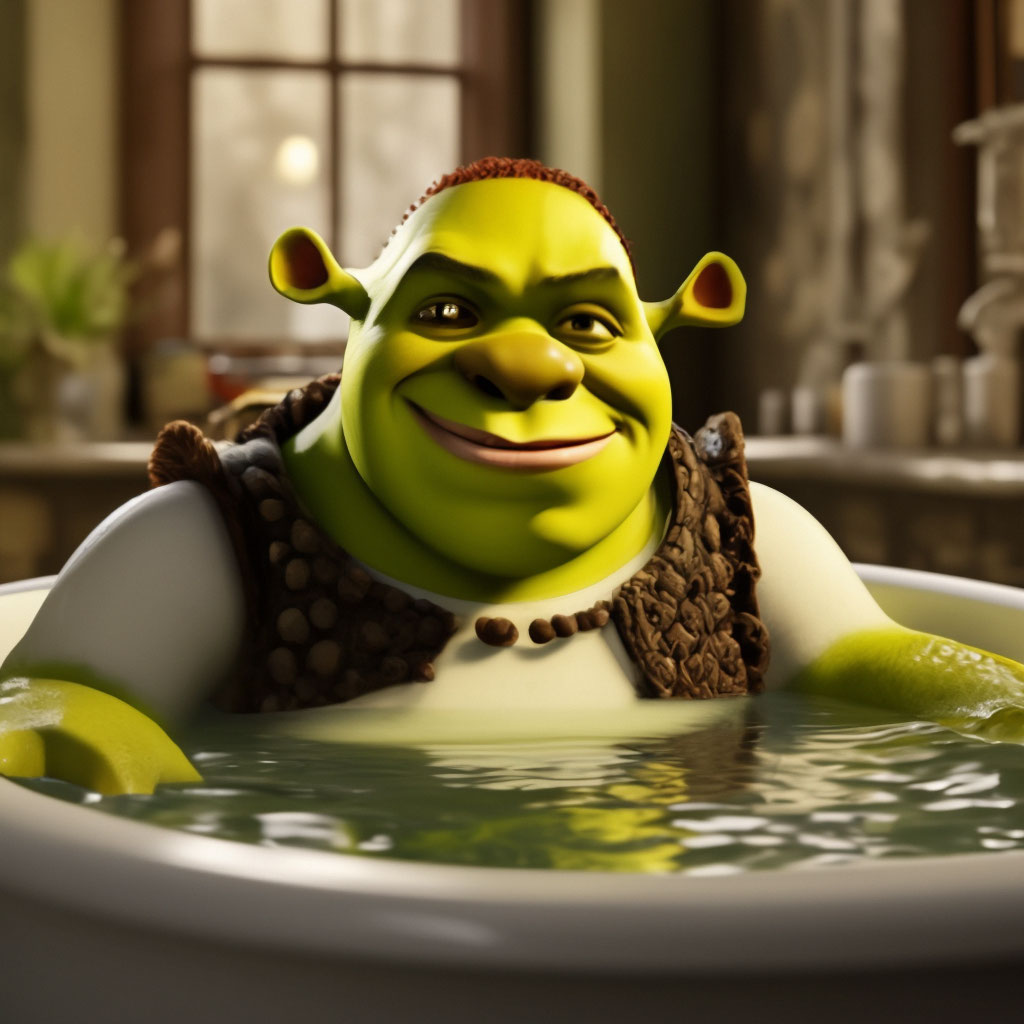 "Shrek takes a bath" — image created in Shedevrum