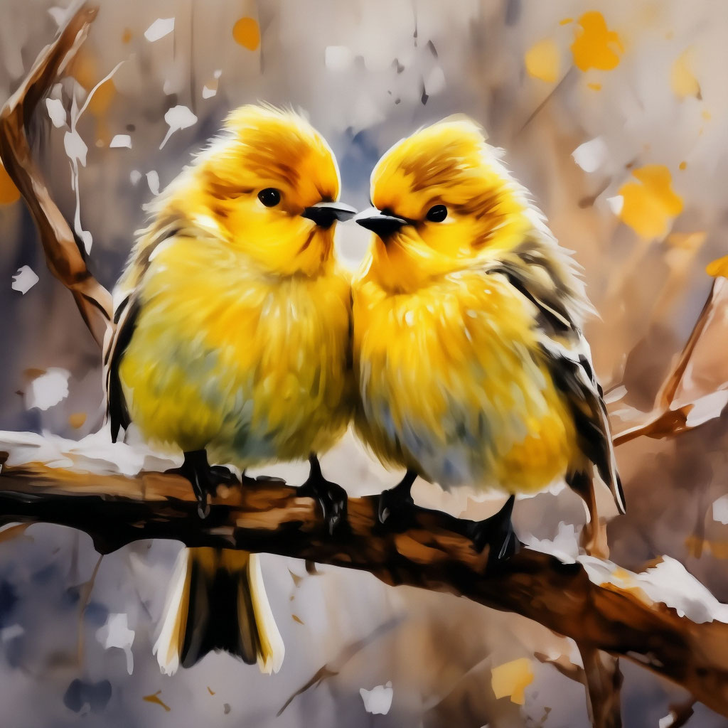"Two small yellow furry birds painted with watercolor paints sitting on ...