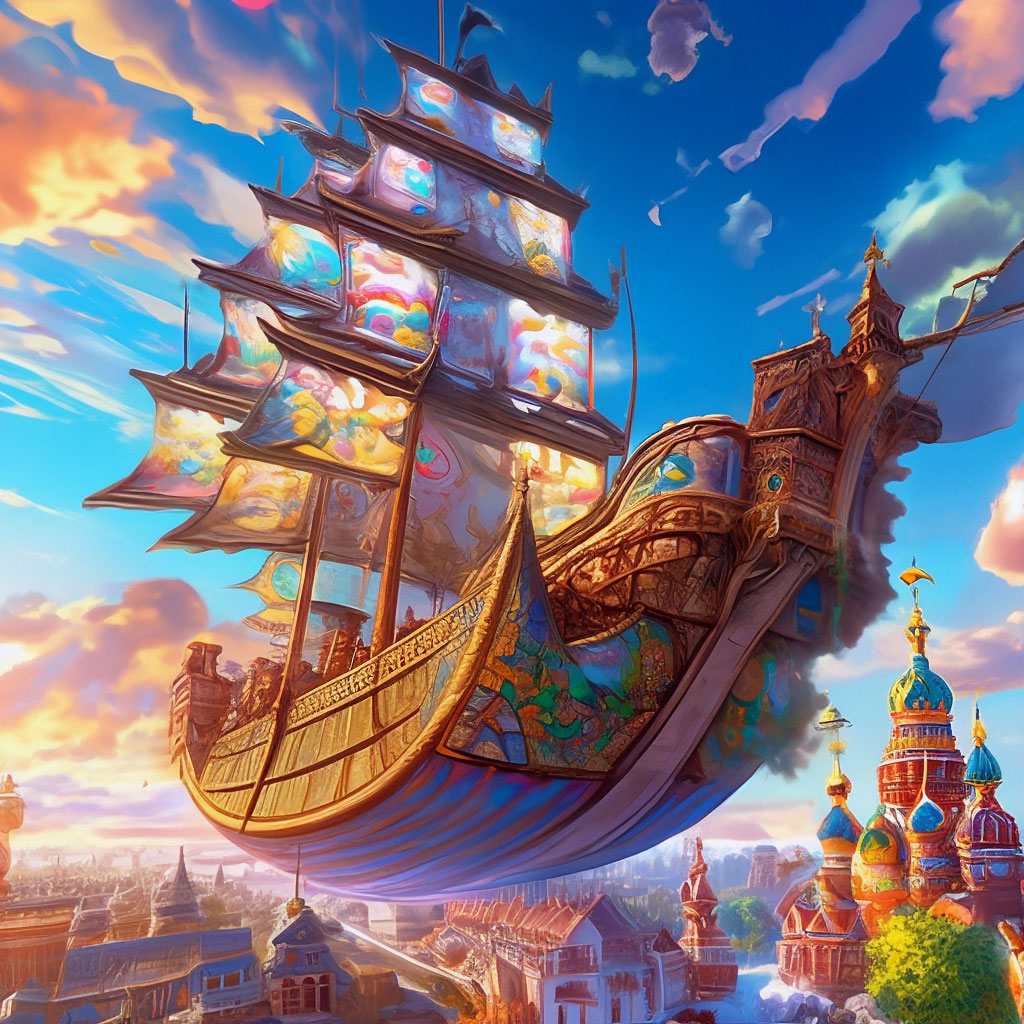 "A colorful cartoon flying ship with wings and sails, a view from below ...