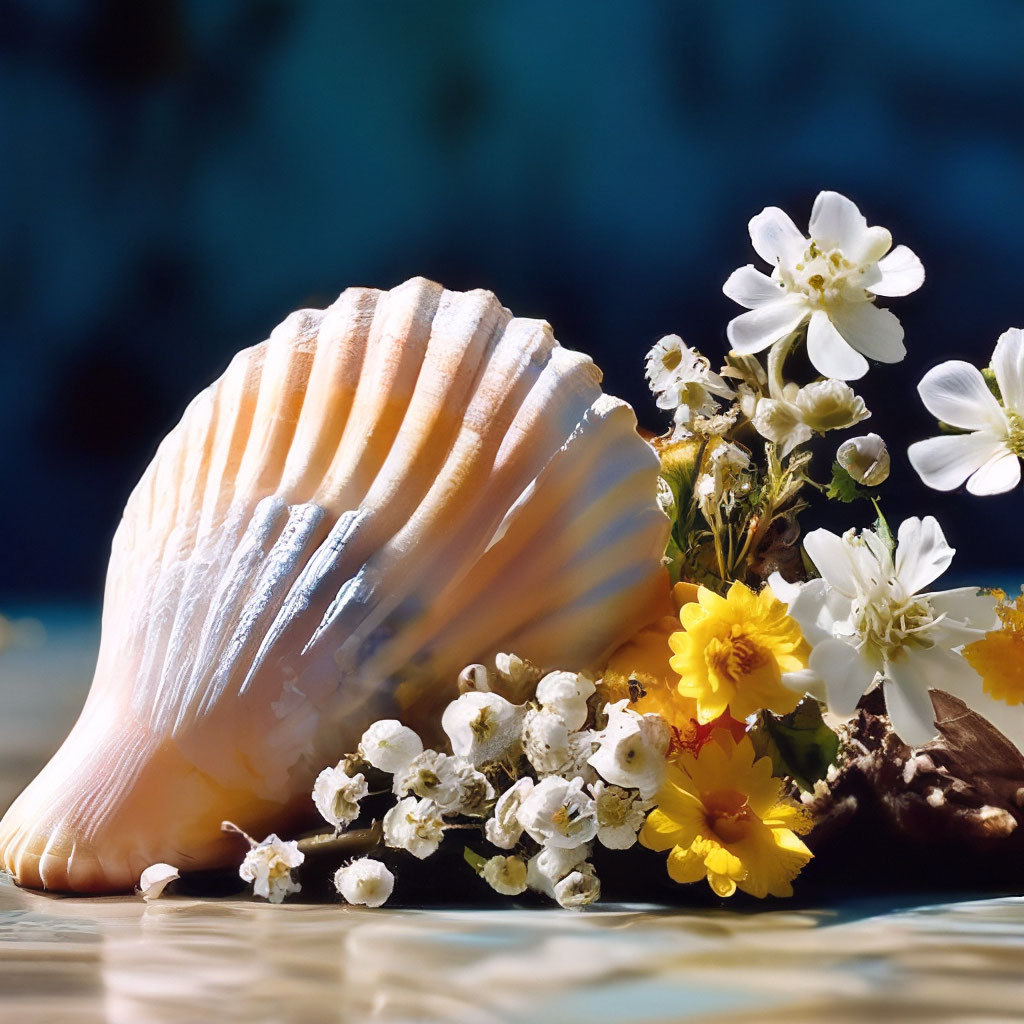 "Realistic photo of a beautiful shell, behind the shell there are ...