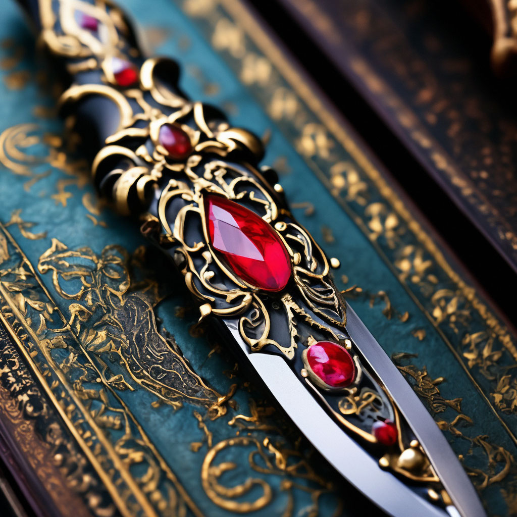 "Elven dagger with faceted ruby, rich inlay, filigree work, glowing ...