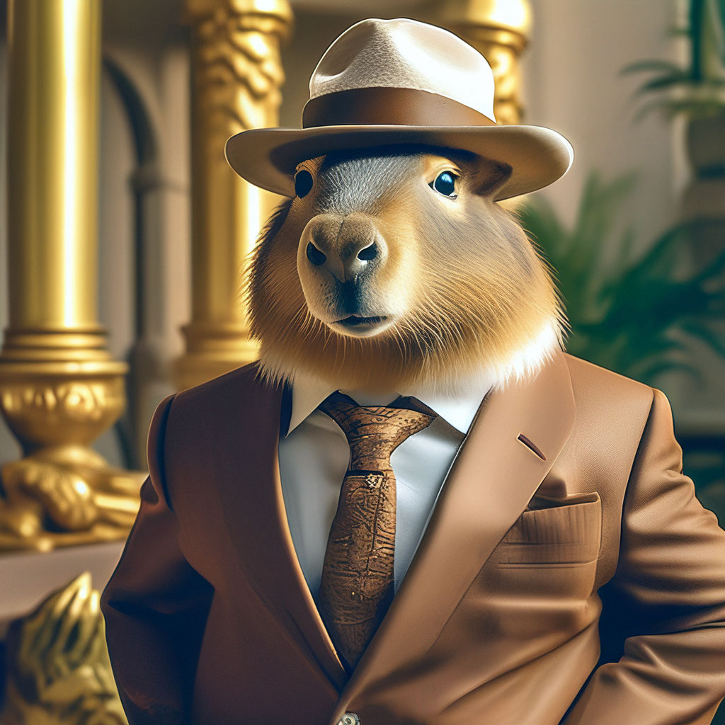 "A business capybara, in a brown jacket, with a hat on his head from ...
