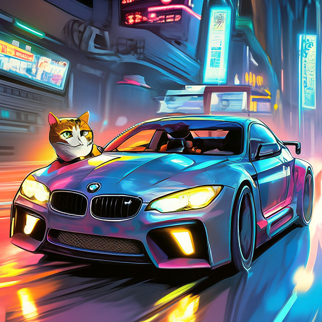 "Bmw with a cat at the wheel" — image created in Shedevrum