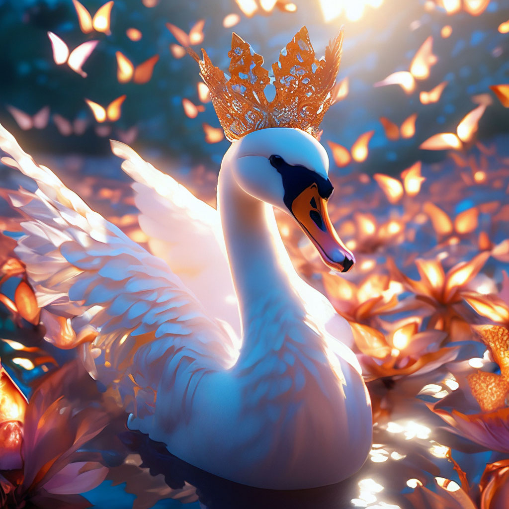 "A cute swan with iridescent mystical shades of feathers, a small crown ...