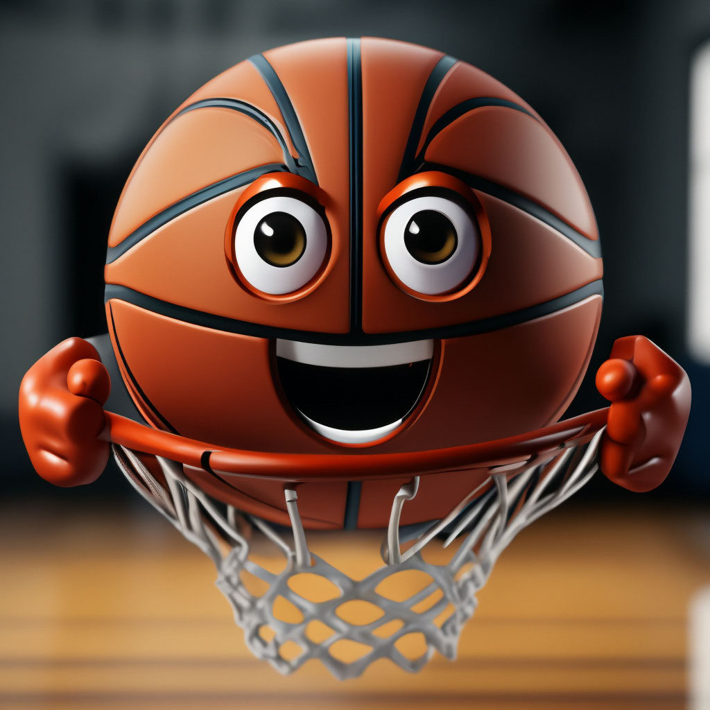 "A basketball with eyes hangs on his hands on a basket and smiles 3D ...