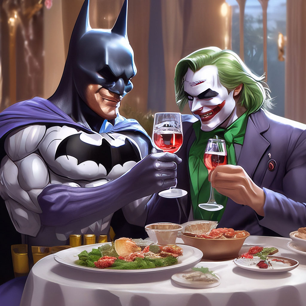 "Batman and the joker at a Russian wedding at a festive table say a ...