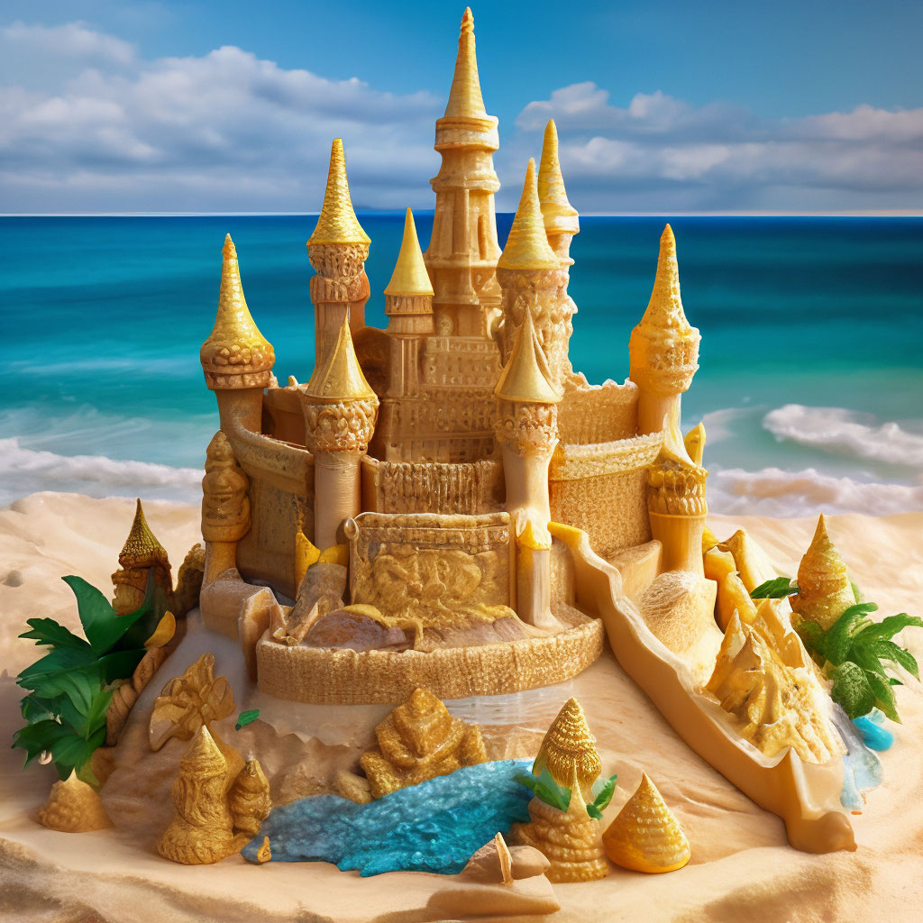 "Golden sand castle, on an island in the sea, colorful, beautifully ...