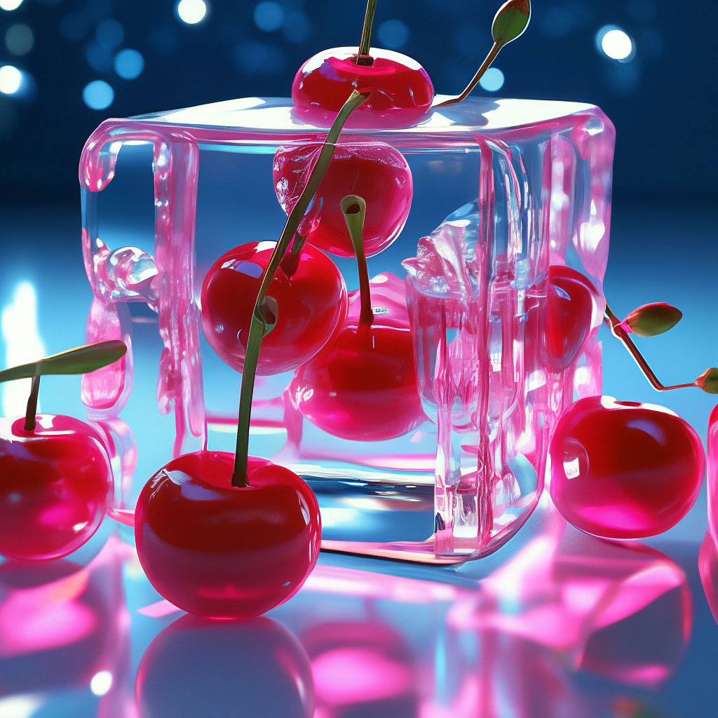 "Cherries in and on glass cubes pink on white, ice+glass+diamond ...