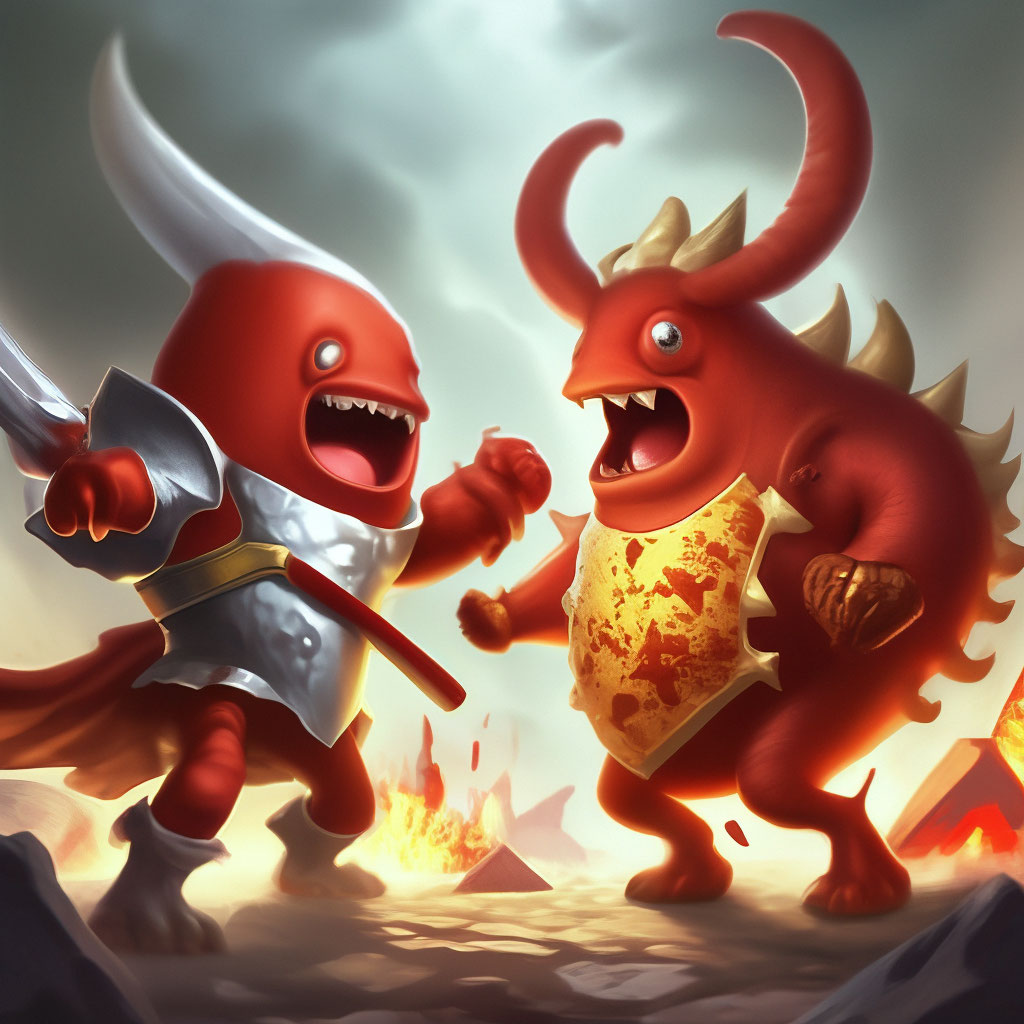 "Two characters anthropomorphic sausage knight and monster of hell ...