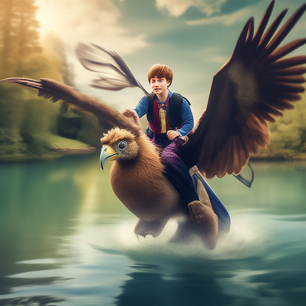 "Harry Potter flies on a hippogriff over the lake professional photo ...