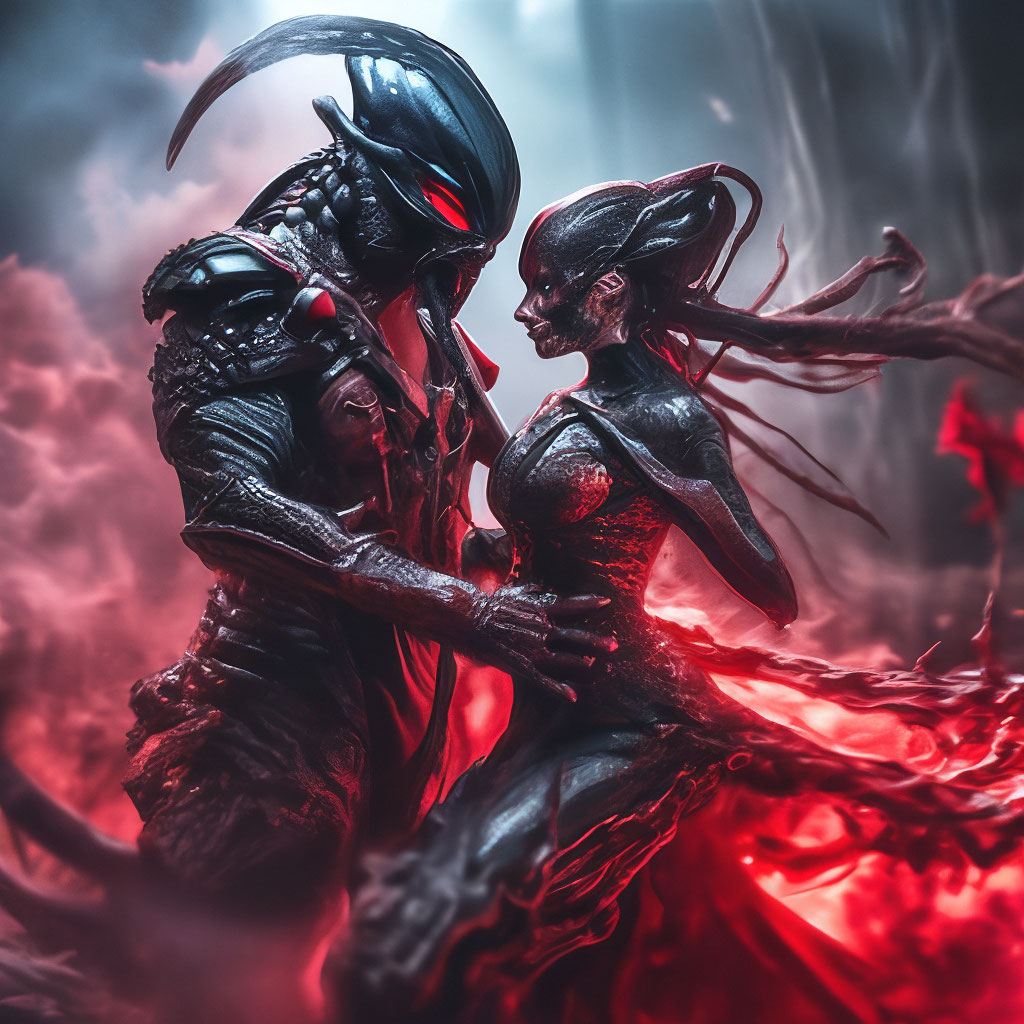 "Predator + bride beautiful smoke, dark splash, spectacular hellish ...