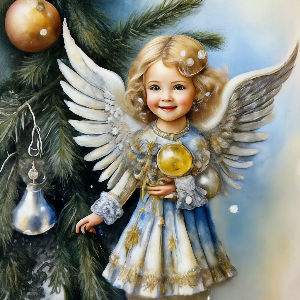 "Winter angel on a twig of a winter fir tree on the background of a ...