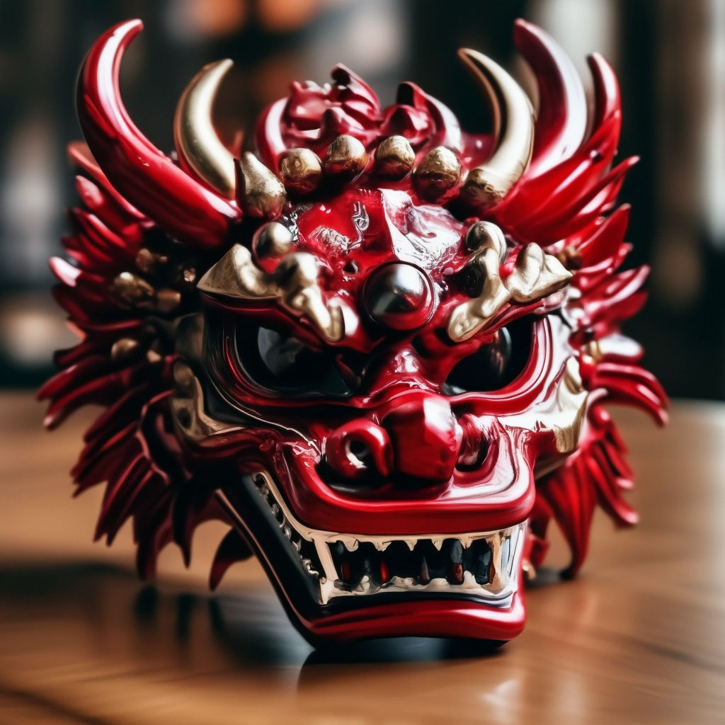 "A masquerade mask in the form of a Chinese dragon, red in color ...