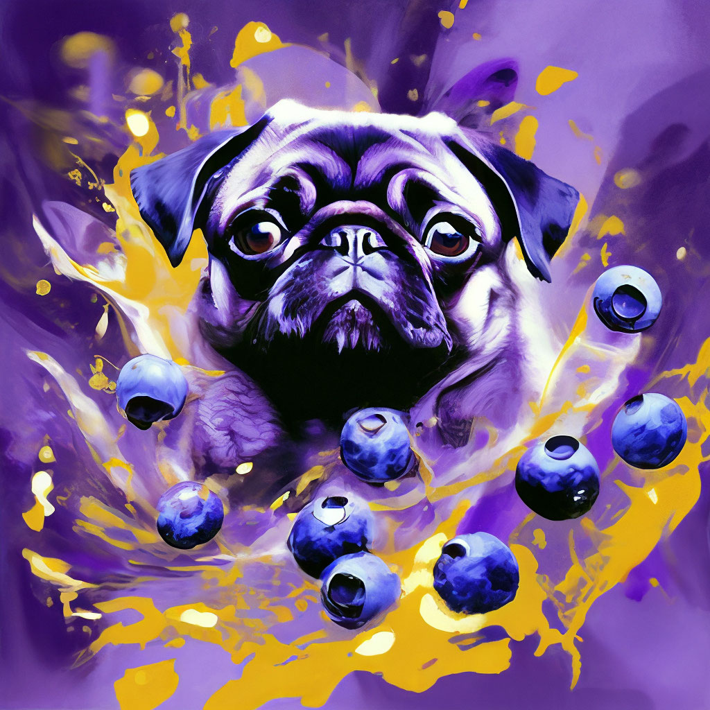 "Blueberry Jazz , a lot of blueberries, pug, digital painting, broad ...