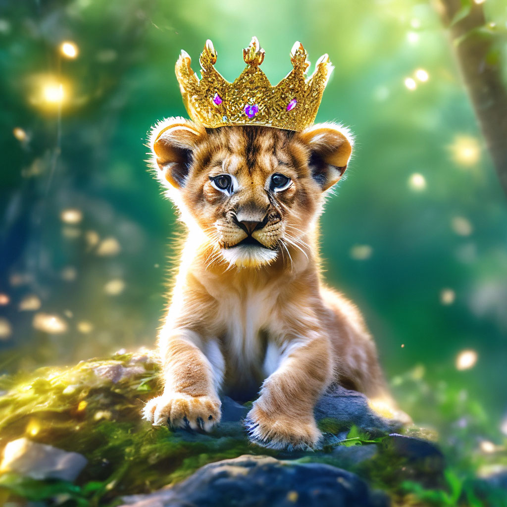 "🦁🦁🦁🦁🦁 little lion cub, golden crown on his head: standing on a stone ...