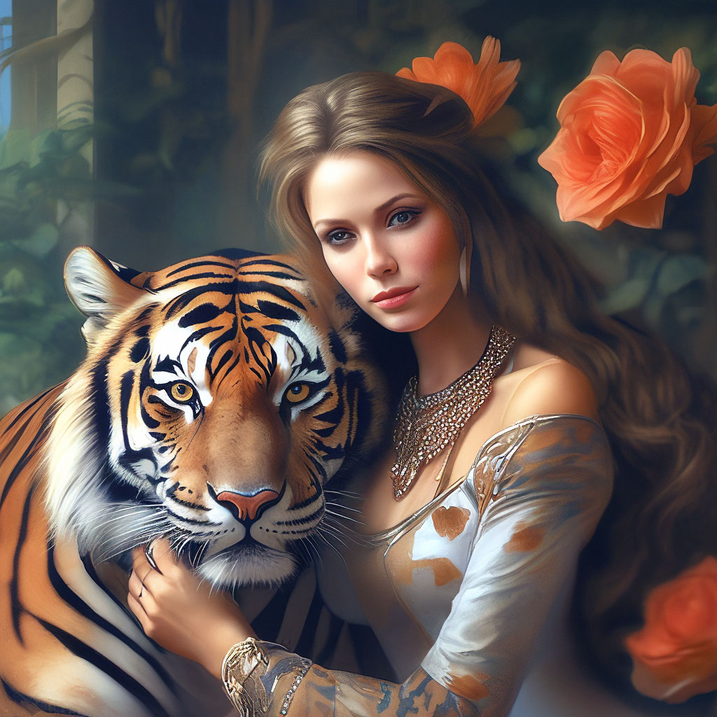 "Beautiful girl with a tiger" — image created in Shedevrum