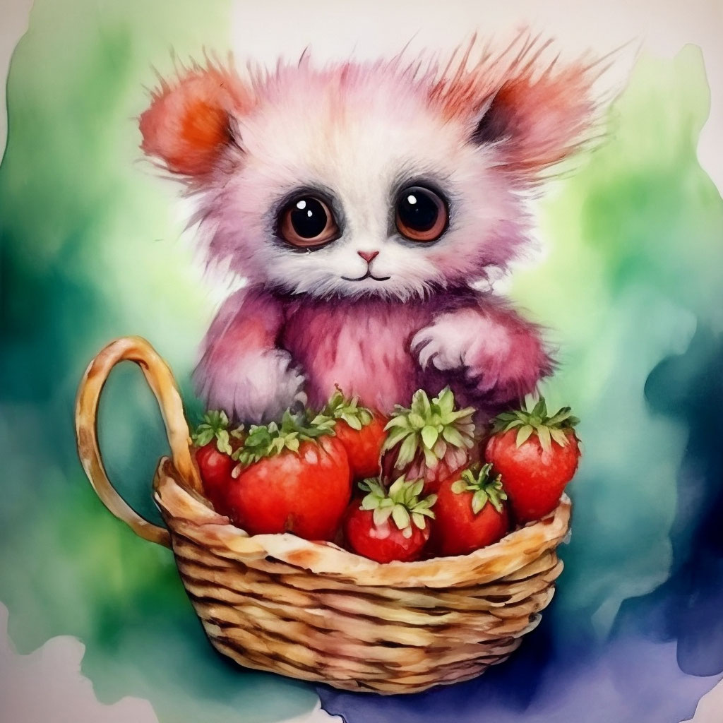 "Watercolor, a small creep hairy fuzzy with big eyes carries a basket ...
