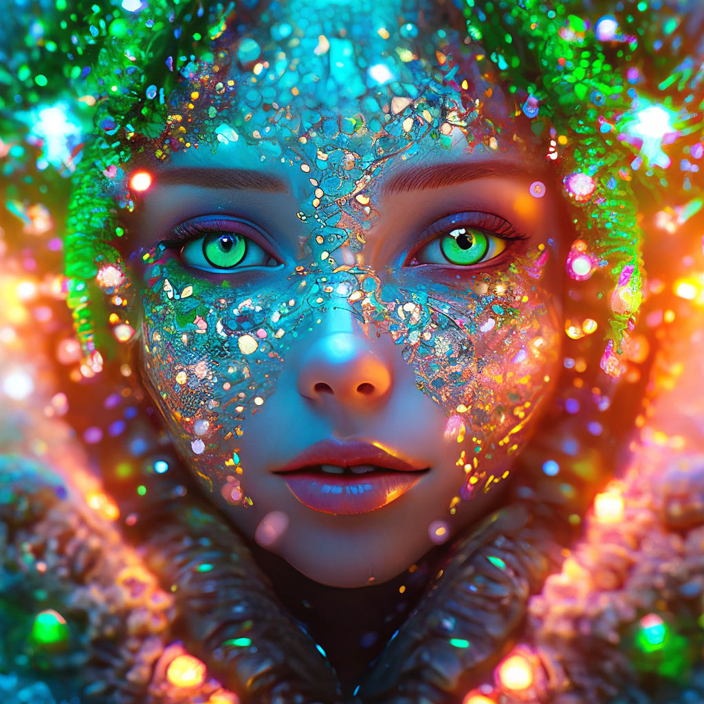 "Surrealism, girl, consists of fractals snowflakes, green and peach ...