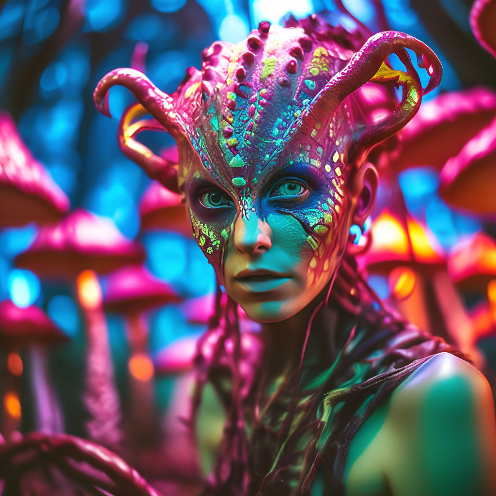 "Portrait photo of an alien in a psychedelic mushroom forest ,dark ...