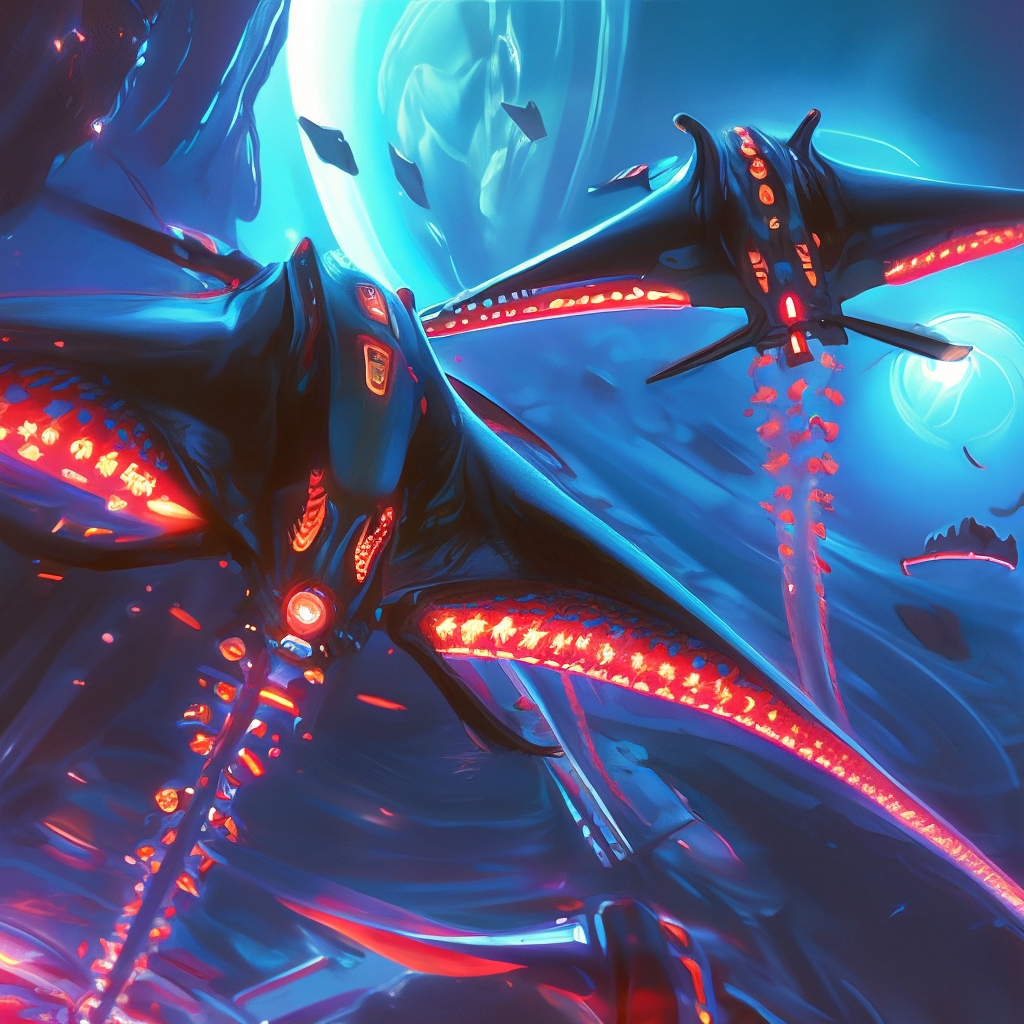 "Long-tailed long-winged space stingrays, beautiful, atmospheric ...