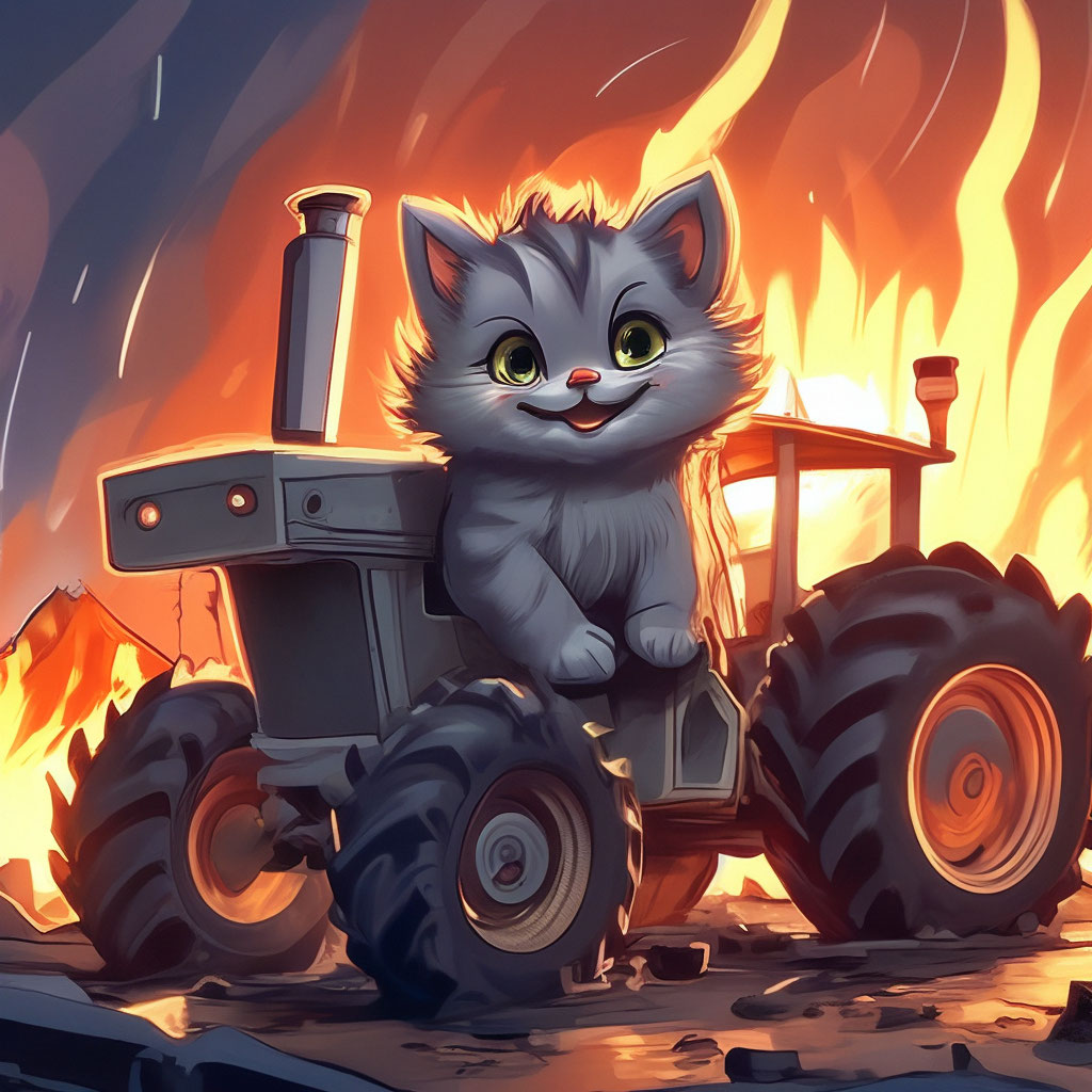 tiny fluffy cat on dirty tractor house fire smile cartoon