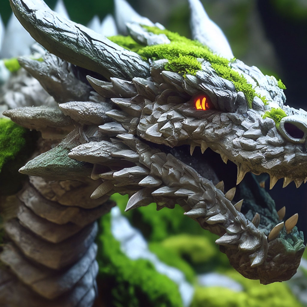 "Hyper realistic stone dragon with moss slits, realistic, beautiful ...