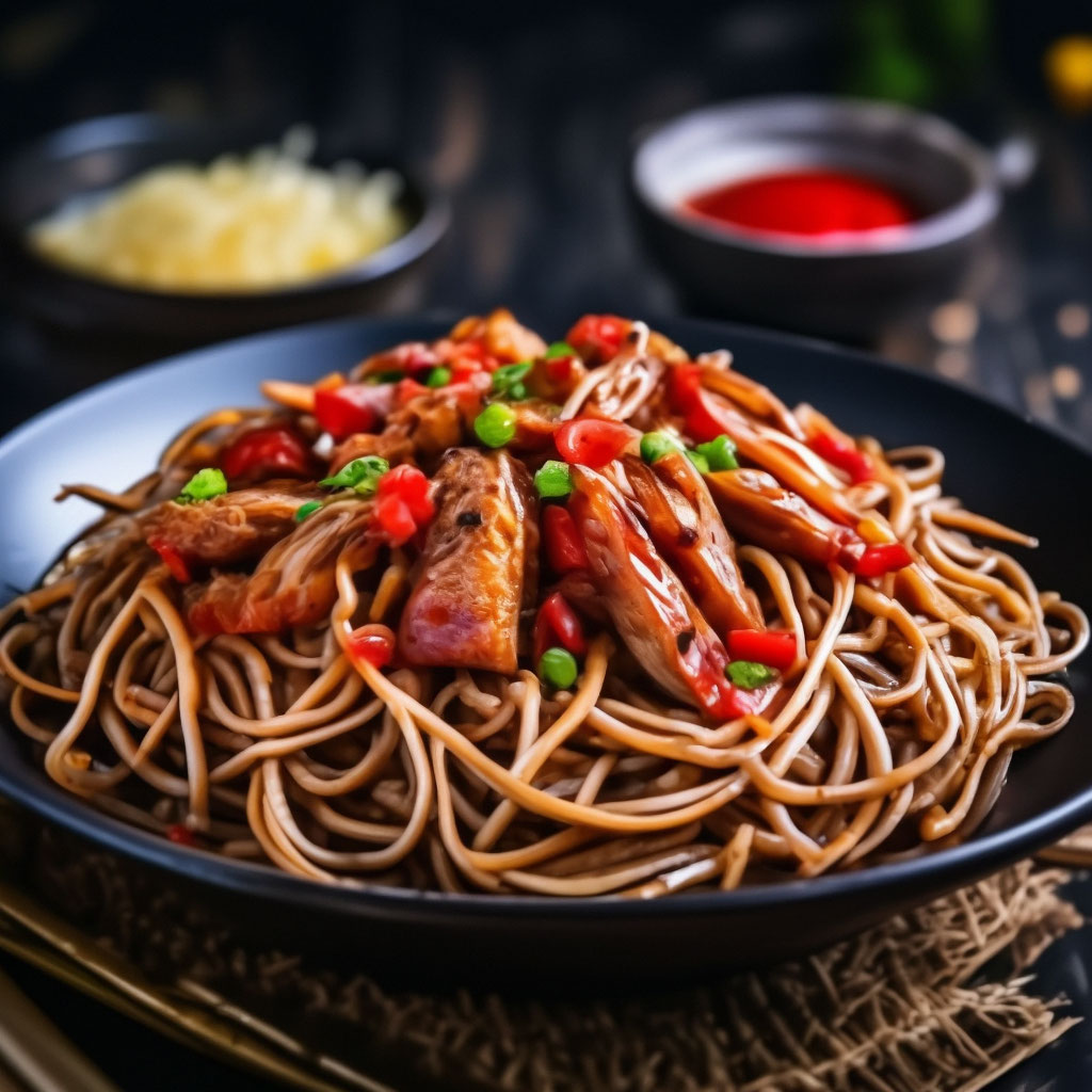 "Buckwheat spaghetti with turkey slices in sweet and sour sauce ...