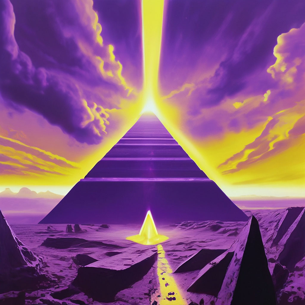 "A giant pyramid of purple ore shoots a yellow ray into the sky and ...