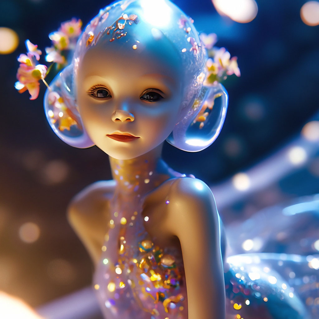 "A non-earthly cute alien girl hovers in the air, on another planet ...