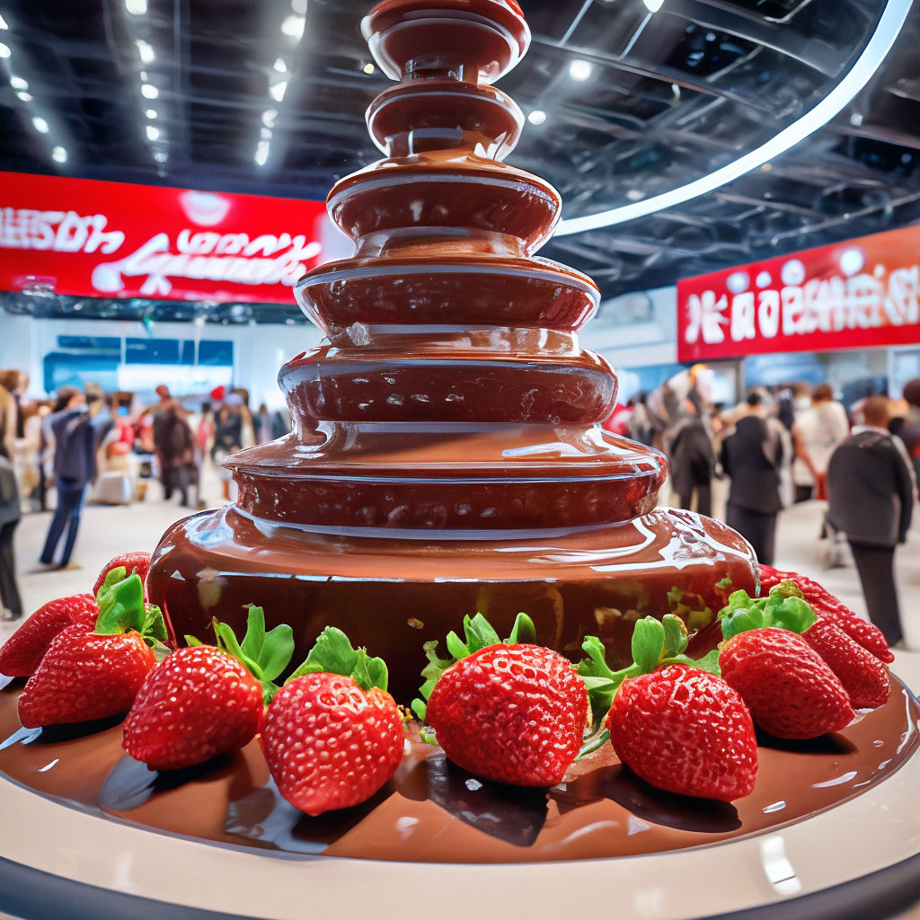 "A huge flowing chocolate fountain with giant-sized strawberries at a ...