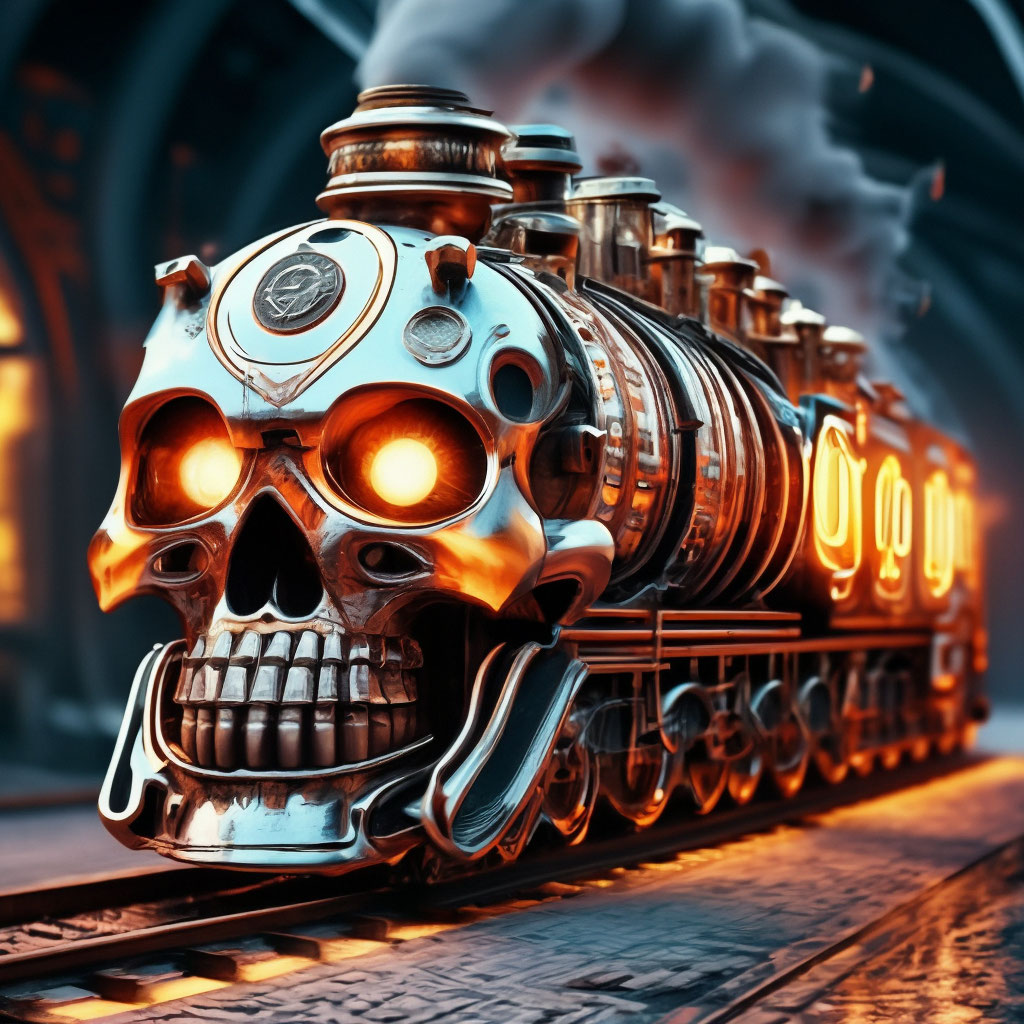 "Steam locomotive in the form of a skull with lights, flames" — image ...