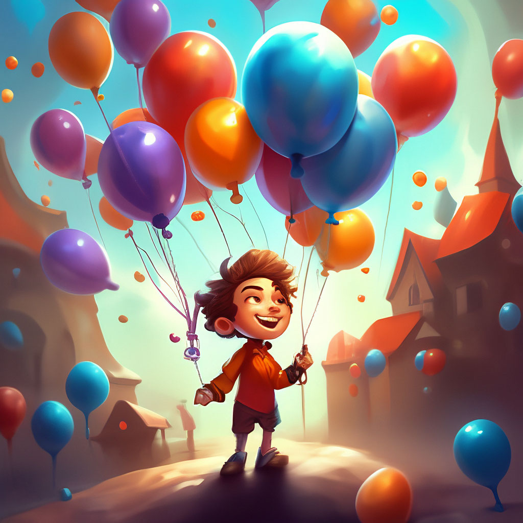 "Cartoon funny character with balloons" — image created in Shedevrum
