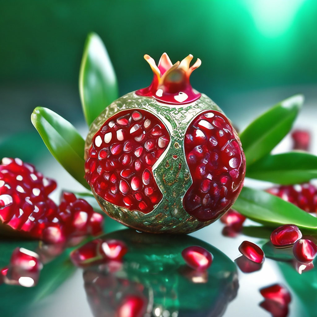 "Pomegranate fruit, incision of precious granite , emerald leaves ...