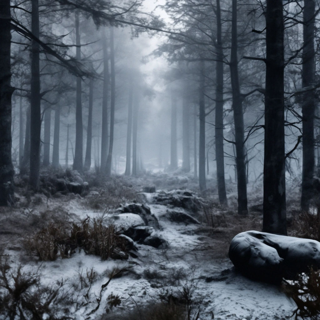 "Snowy forest, fog, cold, gloomy, bushes, high detail ...