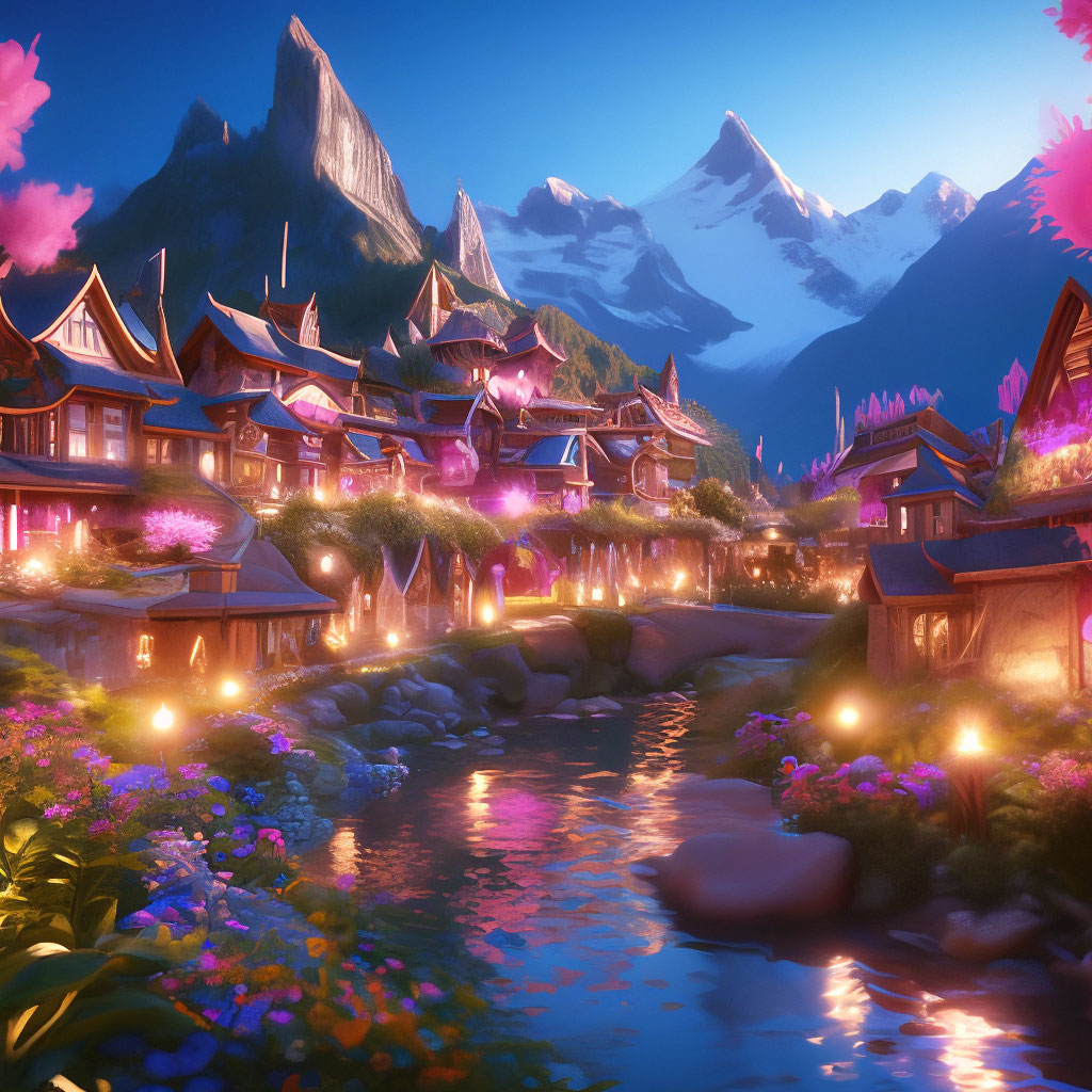 "Wizardry hidden village in mountains , Brightly colorful, digital ...