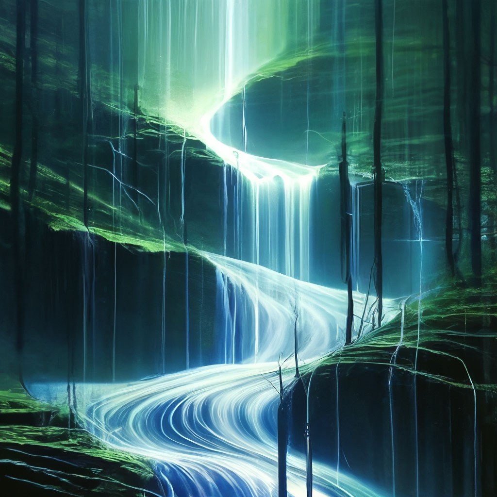 "Forest waterfall, the image is synthesized by bending thin and long ...