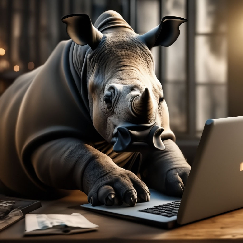 "Rhinoceros behind a laptop, realistic" — image created in Shedevrum