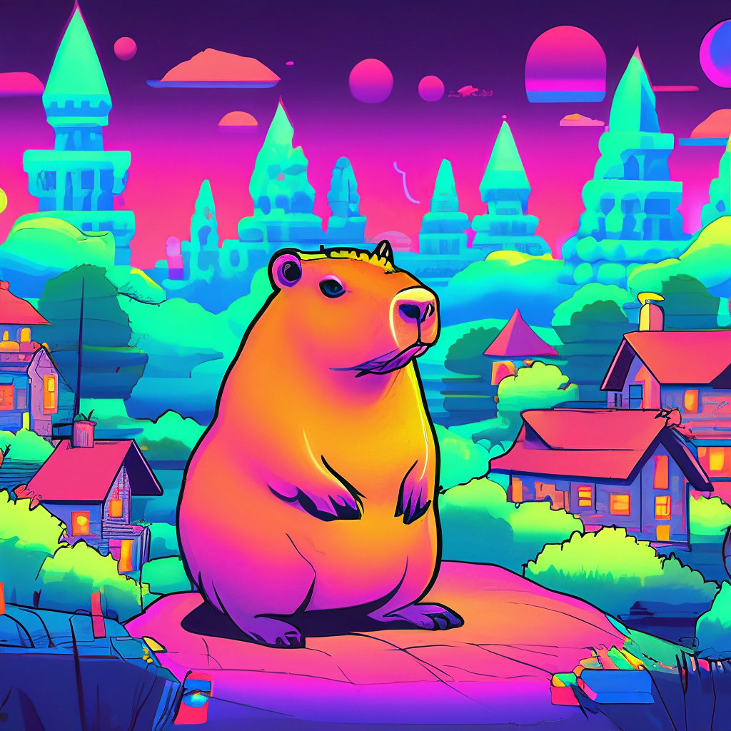 "Capybara in the village. Against the background of a village and a ...
