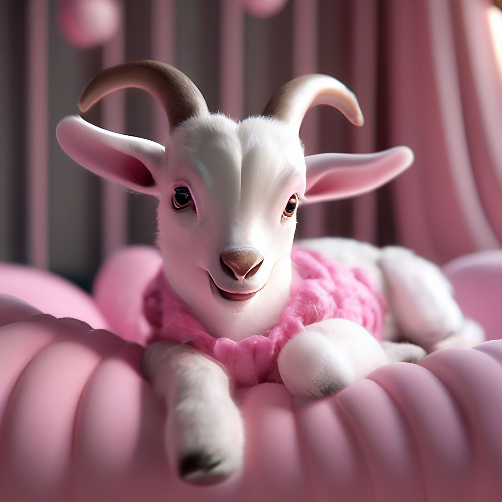 "Beautiful cute goat on a pink crib lies resting pink, aesthetically ...