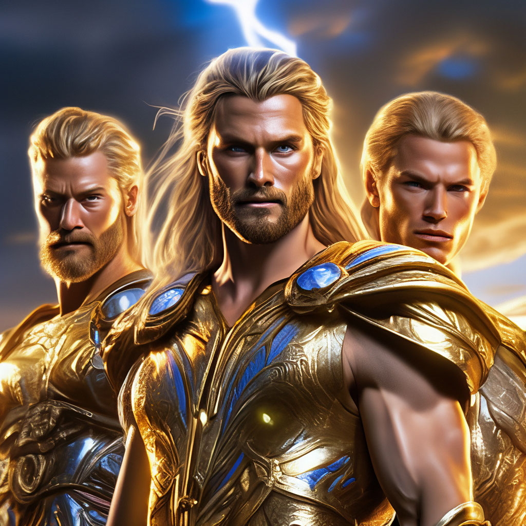"Hyperrealistic:three brothers German Thor and Slavic Perun and ...