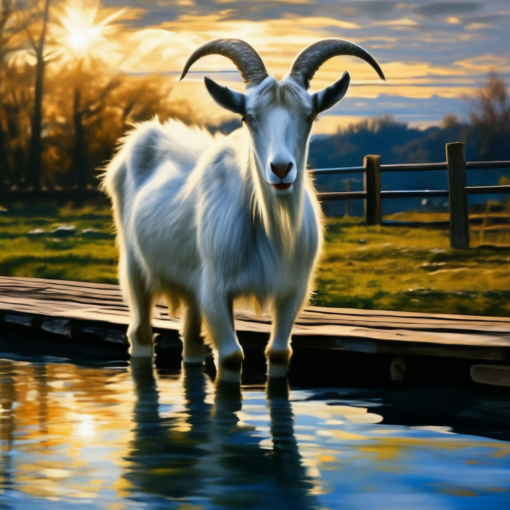 "Rustic landscape, white goat with horns stands on a wooden old bridge ...