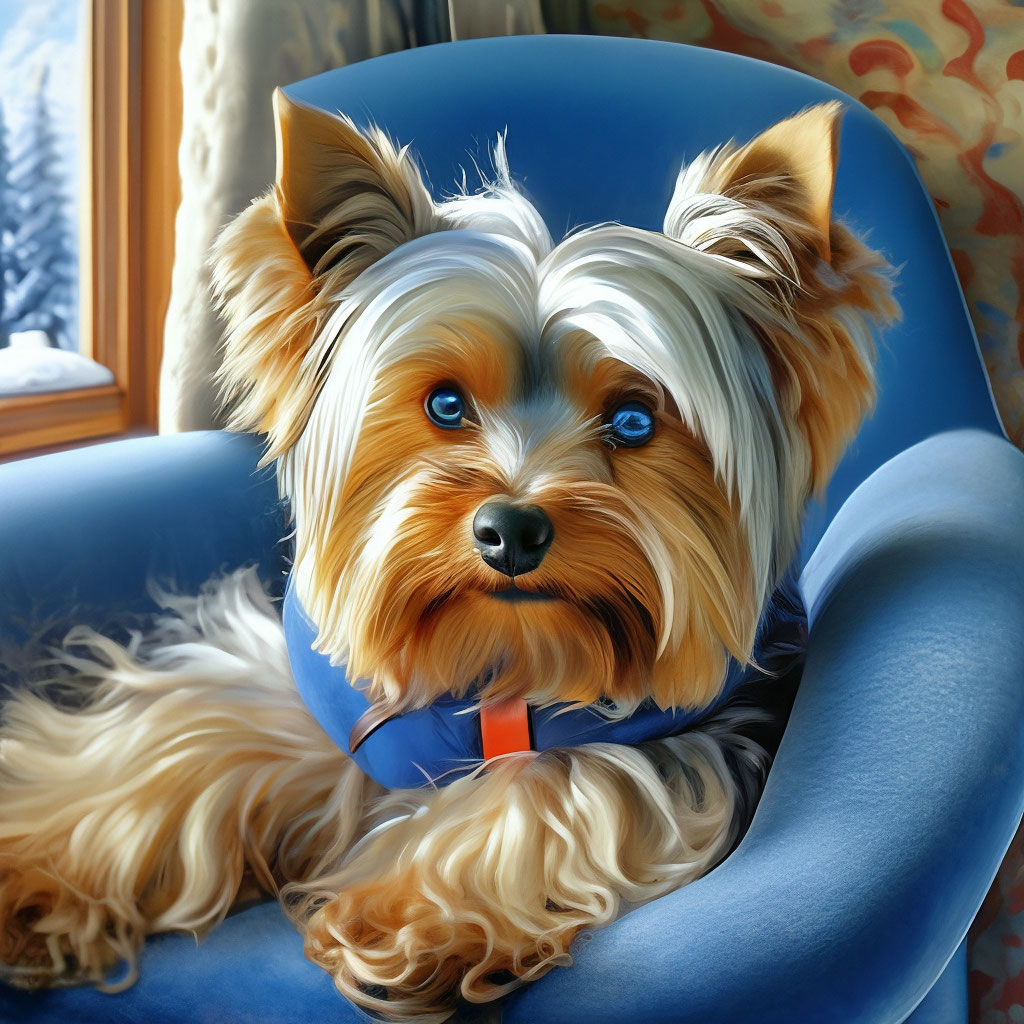 "Beaver York, blue eyes, bright, lying in a chair, winter outside the ...