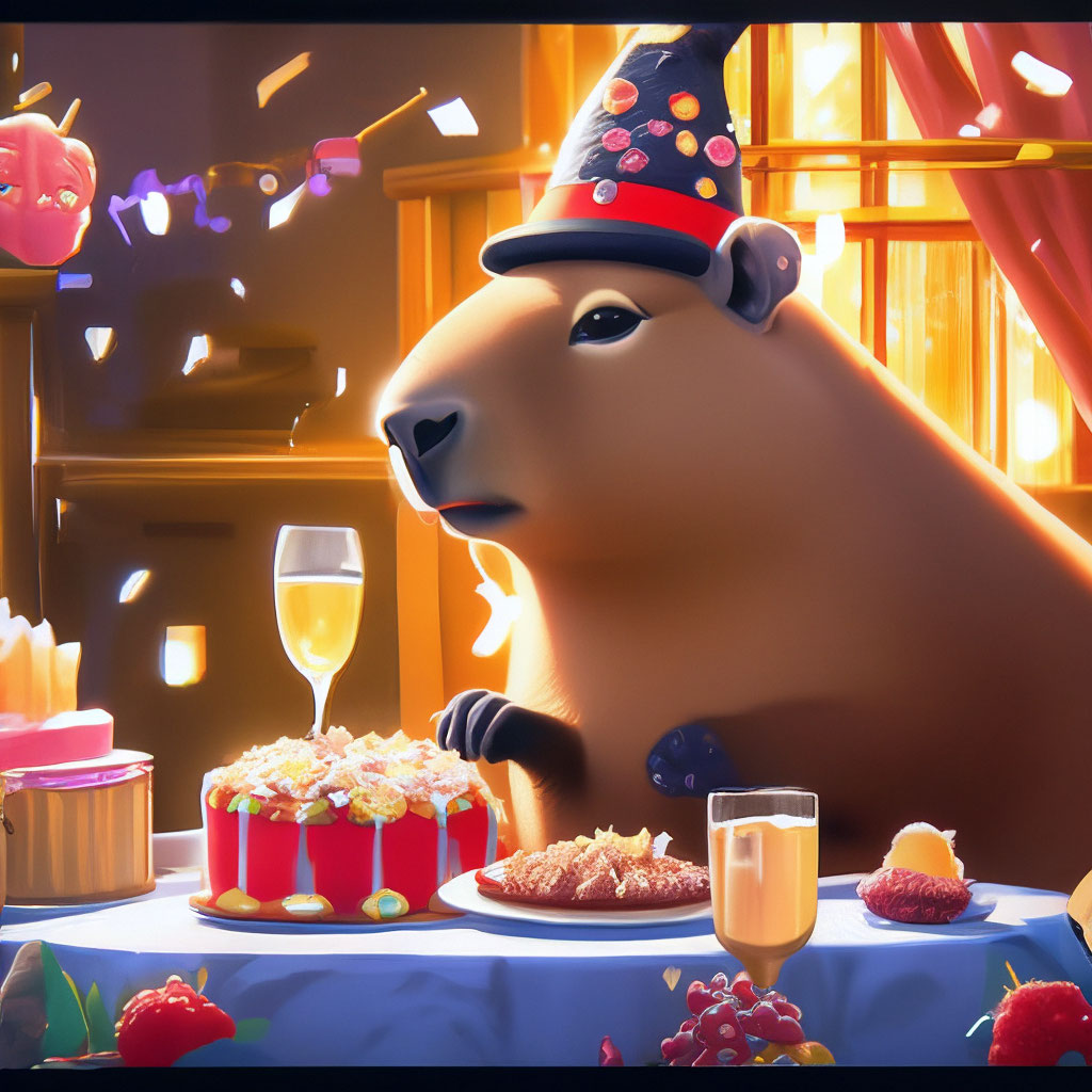 "Festive capybara is eating cake and drinking champagne for my ...