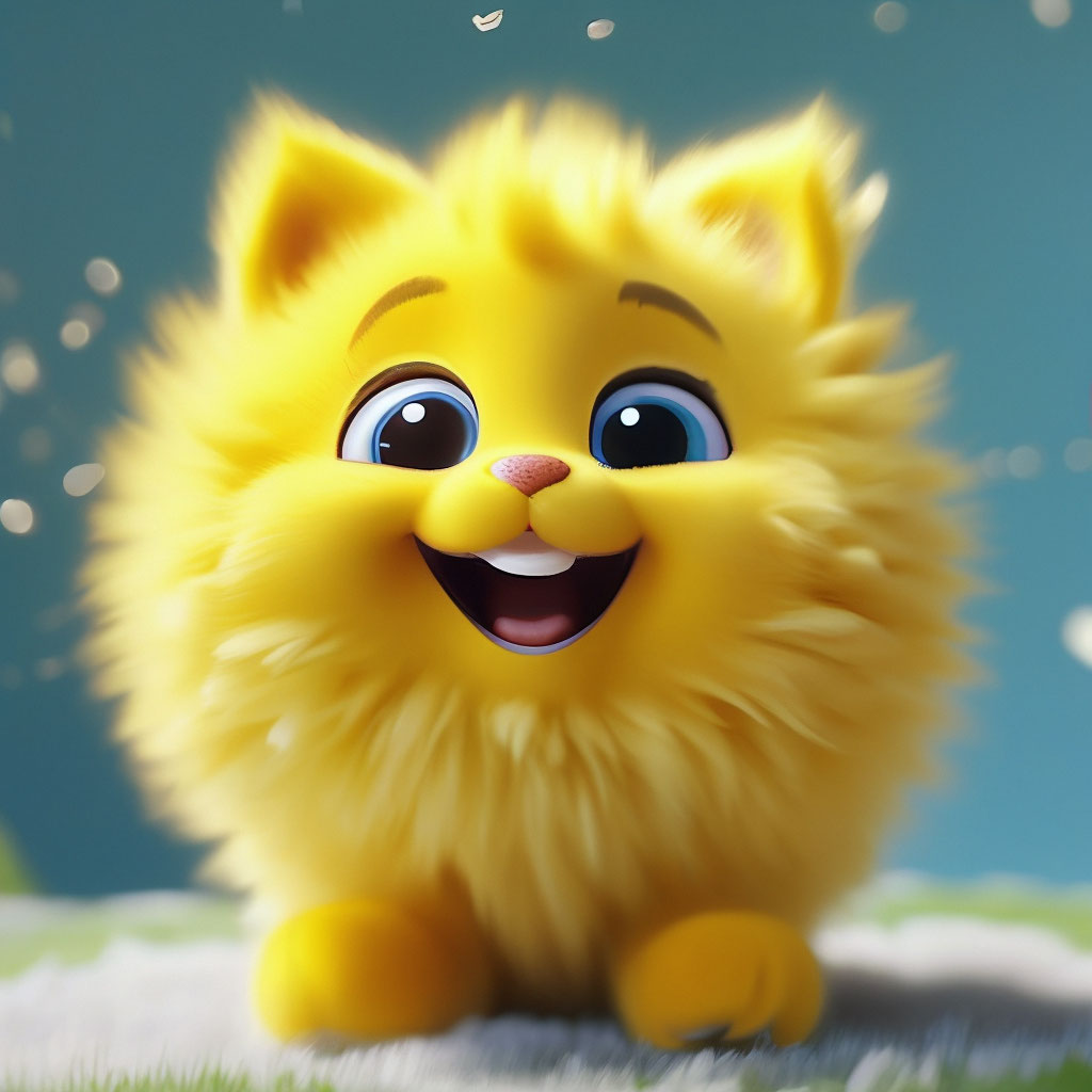 "Mega fluffy cute little yellow ball of happiness, shining eyes ...