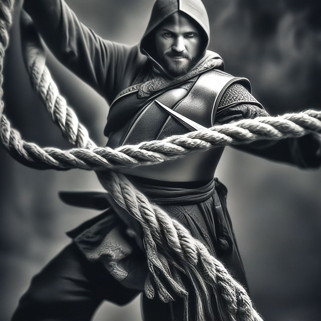 "The swordsman cut the rope with a sword, the ends of the rope fly ...