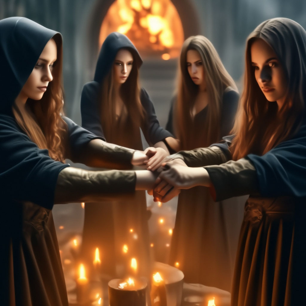 "Magical secret rite coven witches holding hands general plan ...