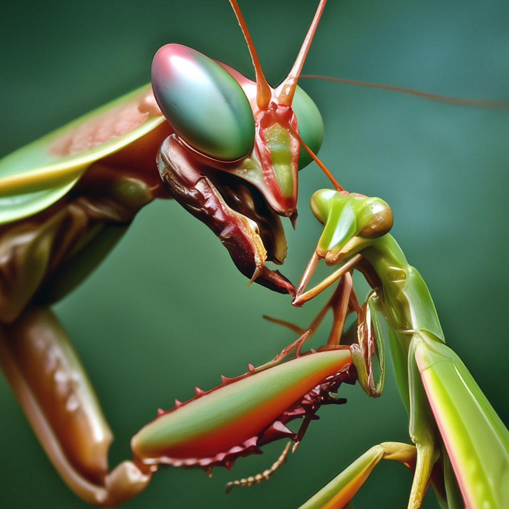 "Female praying mantis "bites" the male's head hyperrealism high ...