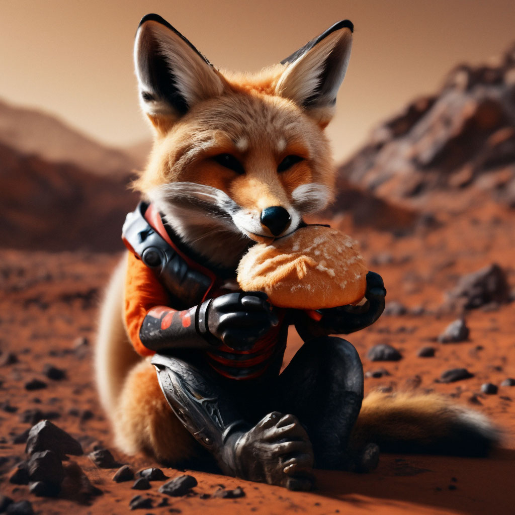"A fox eats a bun on mars" — image created in Shedevrum
