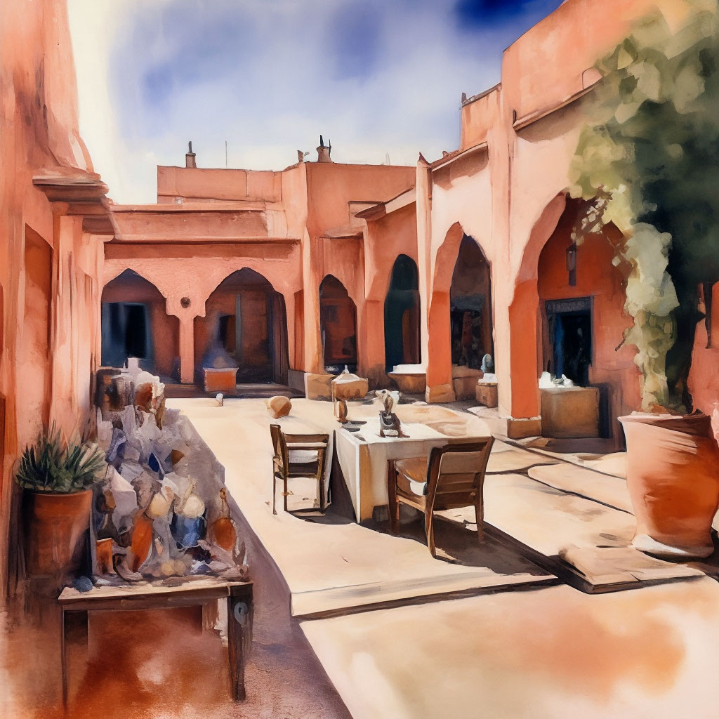 "Watercolor sketch of Marrakech, sunny day" — image created in Shedevrum