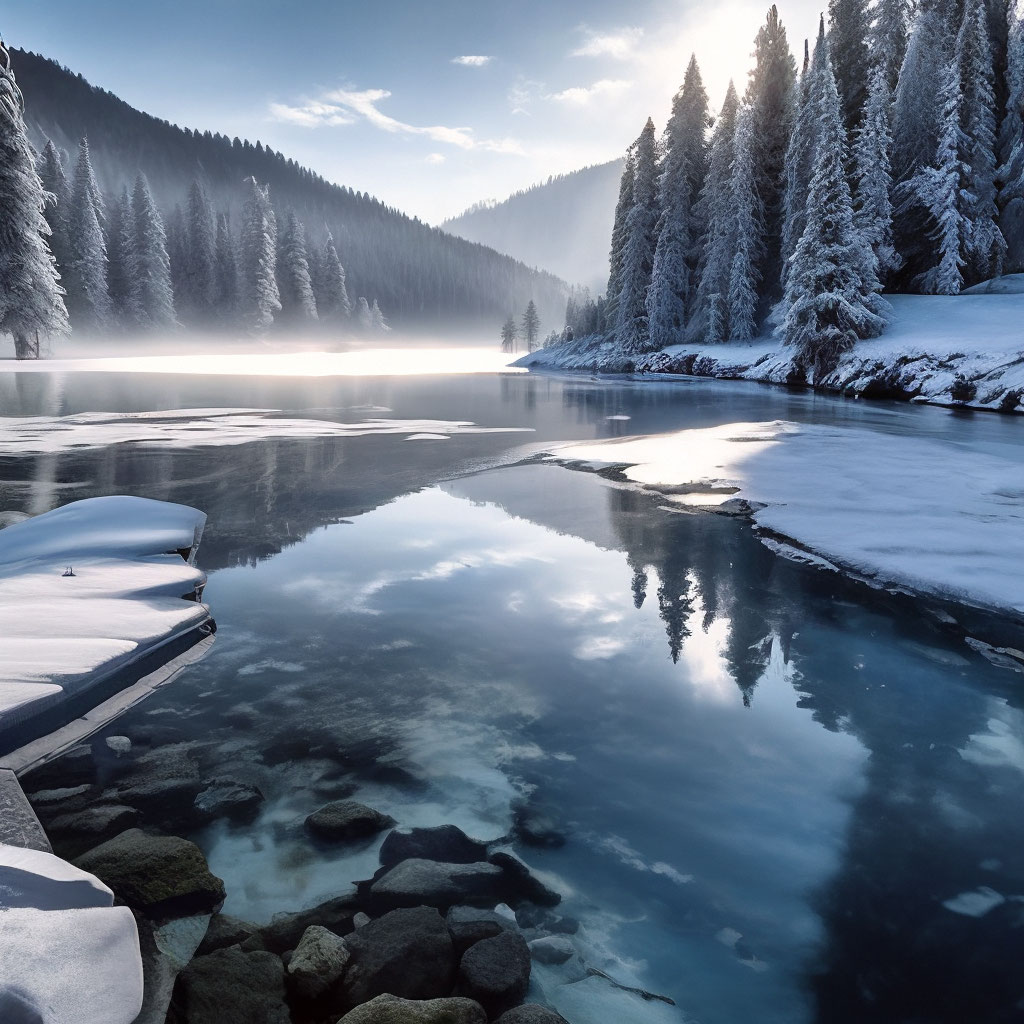 "Winter landscape, mountain lake covered with ice, water+ice, winter ...
